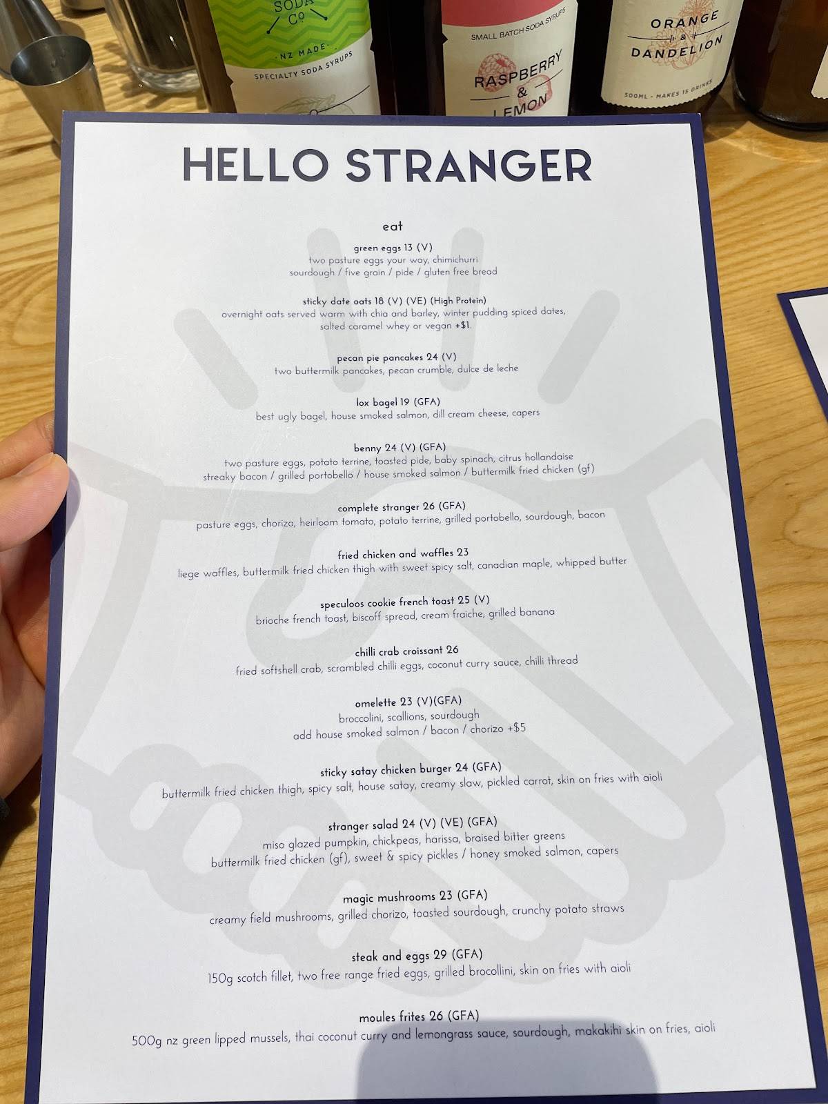 Menu at Hello Stranger cafe, Auckland