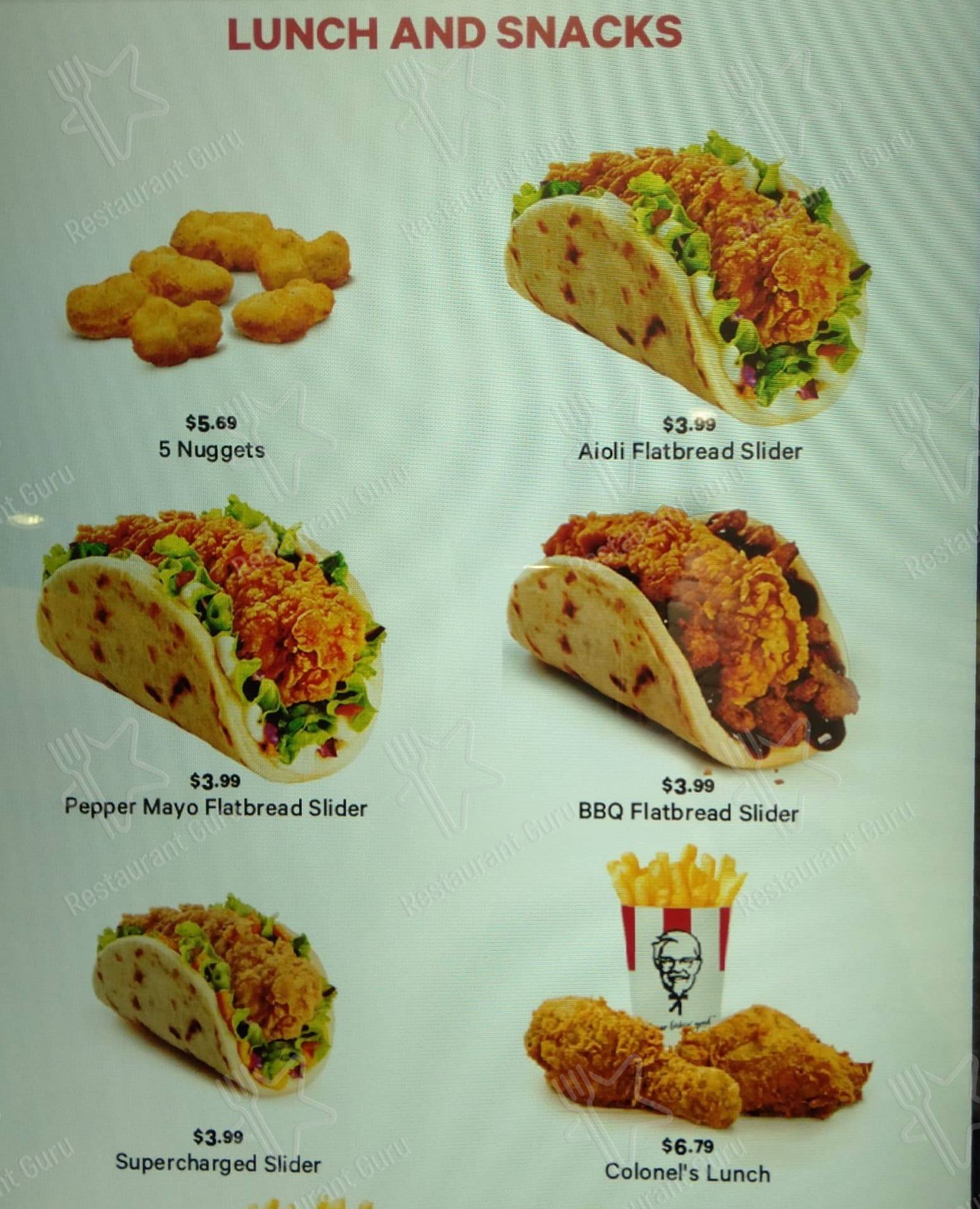 Menu at KFC restaurant, Auckland, Great N Rd