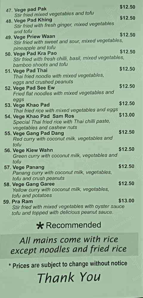 Menu at Pad Thai restaurant, Auckland, 96 Glengarry Rd