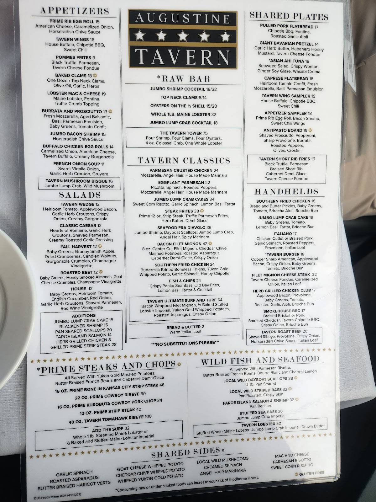 Menu at Augustine Tavern restaurant, Port Penn