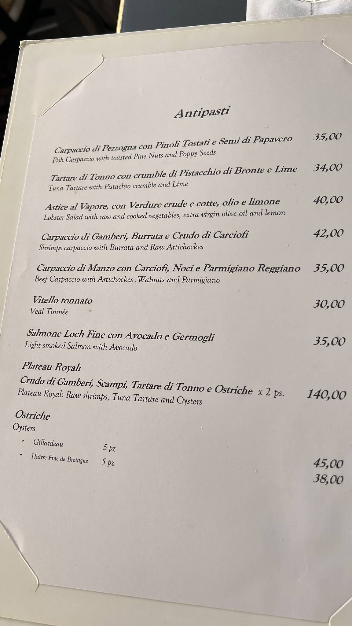 Menu at Aurora restaurant, Capri