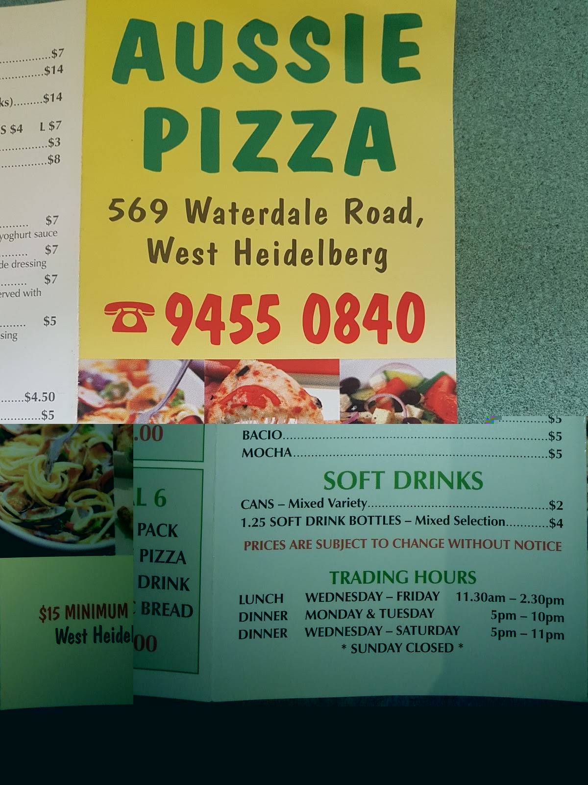 Menu at Aussie Pizza pizzeria, Heidelberg West