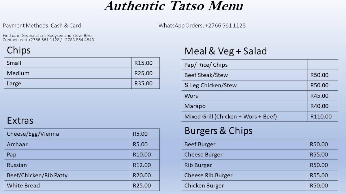 Menu at Authentic Tatso restaurant, Pretoria