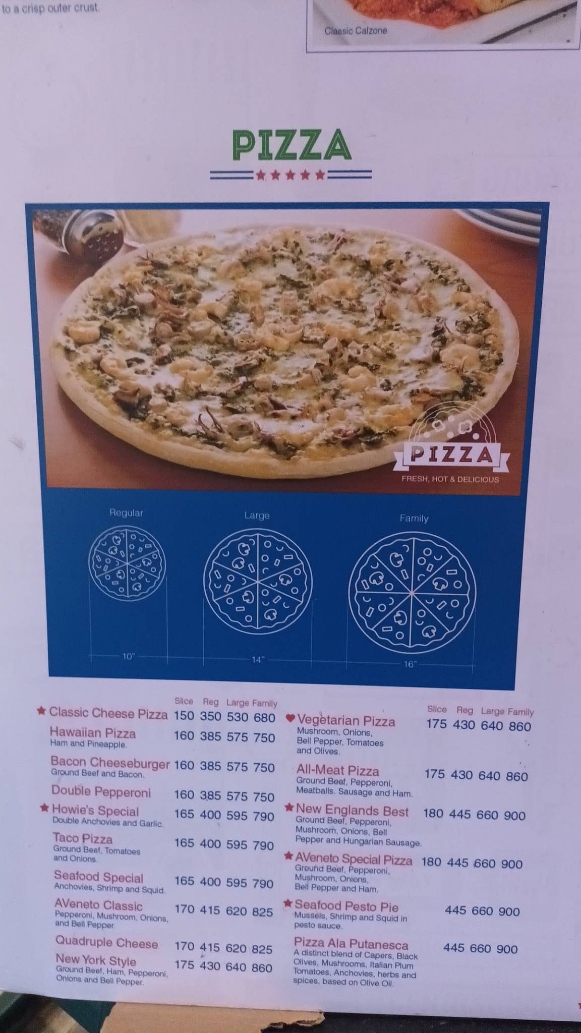 Carta del restaurante Aveneto Pasta & Pizza SM Mall of Asia, Pasay