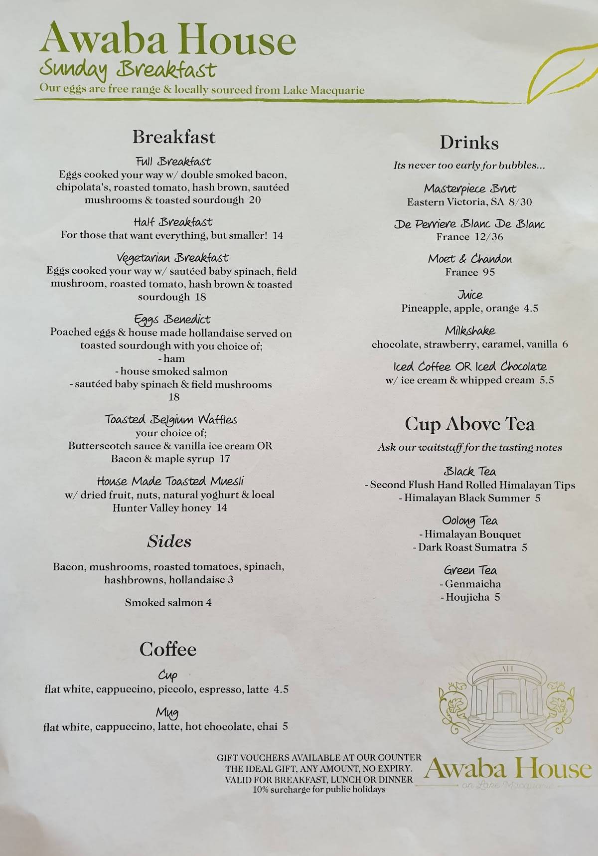 Menu at Awaba House restaurant, Booragul