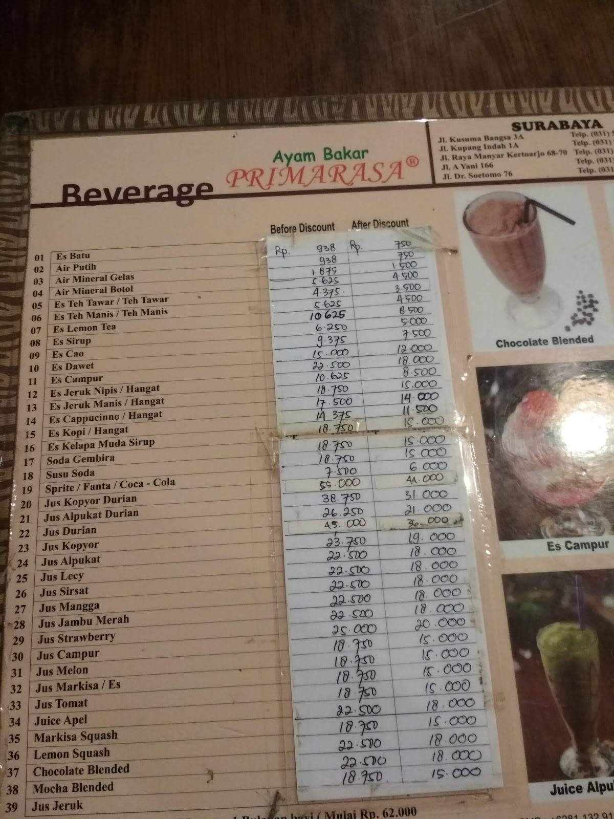 Carta del restaurante Ayam Bakar Primarasa, Semarang, Jl. Gajahmada No.99D