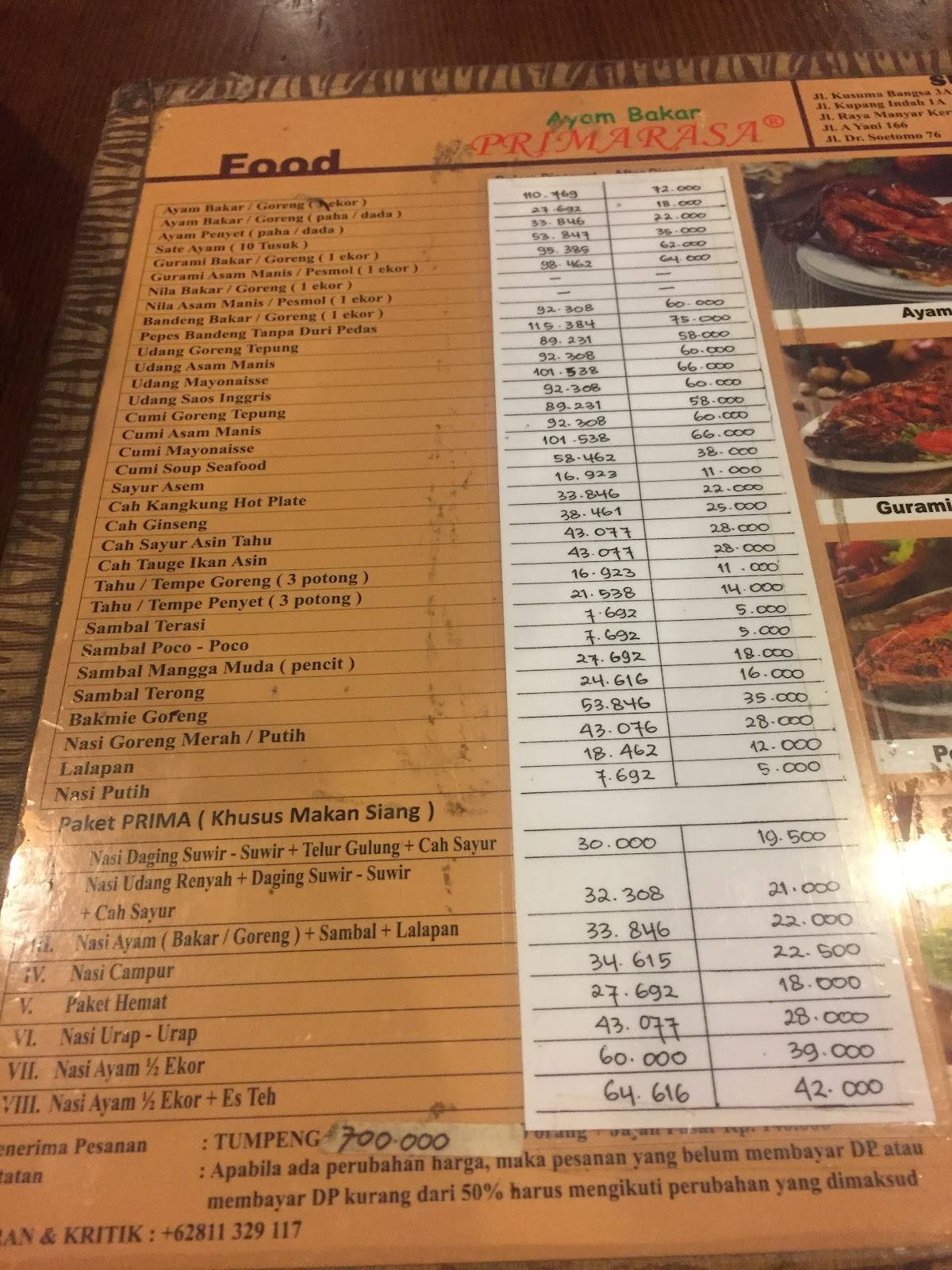 Carta del restaurante Ayam Bakar Primarasa, Semarang, Jl. Gajahmada No.99D