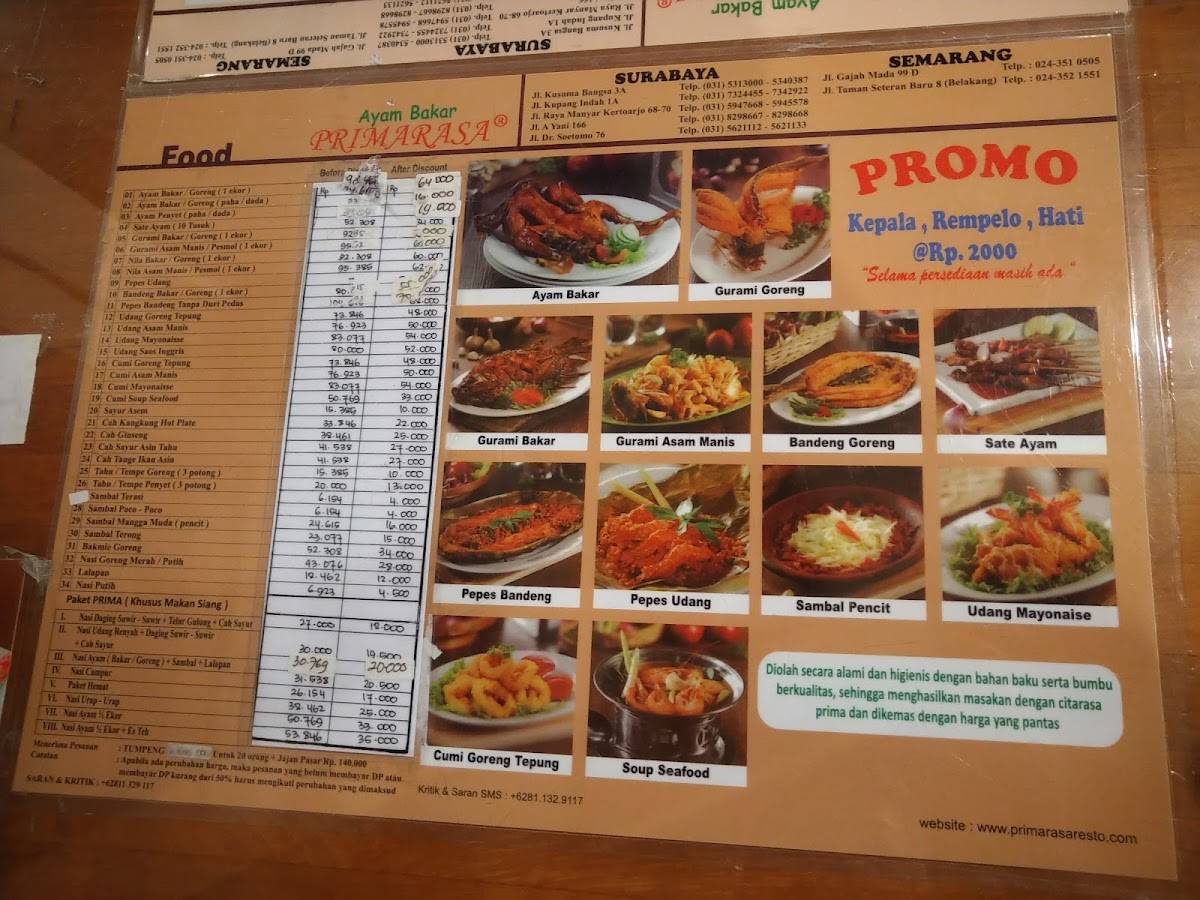 Carta del restaurante Ayam Bakar Primarasa, Semarang, Jl. Gajahmada No.99D