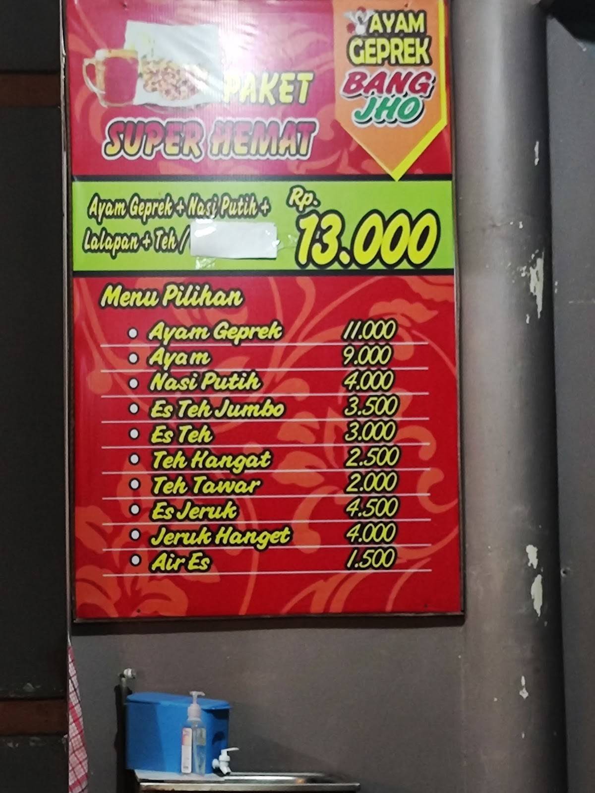 Menu at Ayam Geprek Bang Jho restaurant, Semarang, Gg. Rukun II No.33B