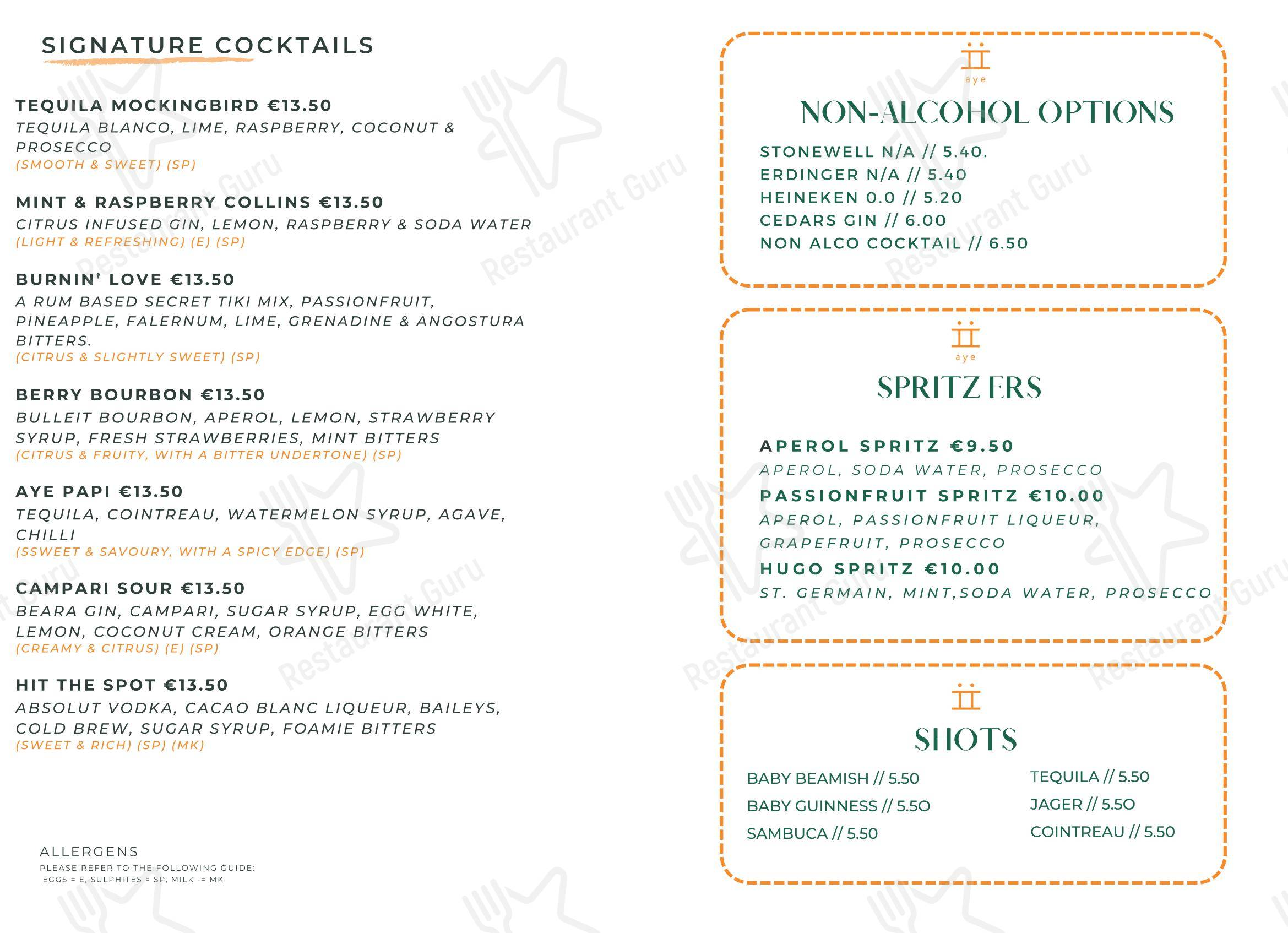 Menu at Aye pub & bar, Cork