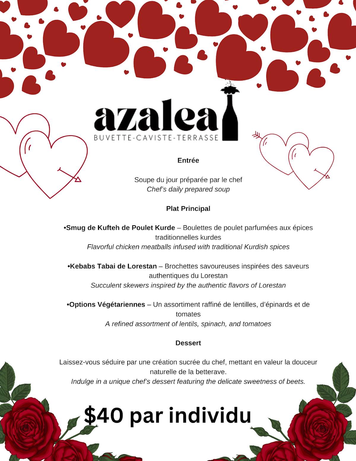 Menu au Azalea pub et bar, Montréal