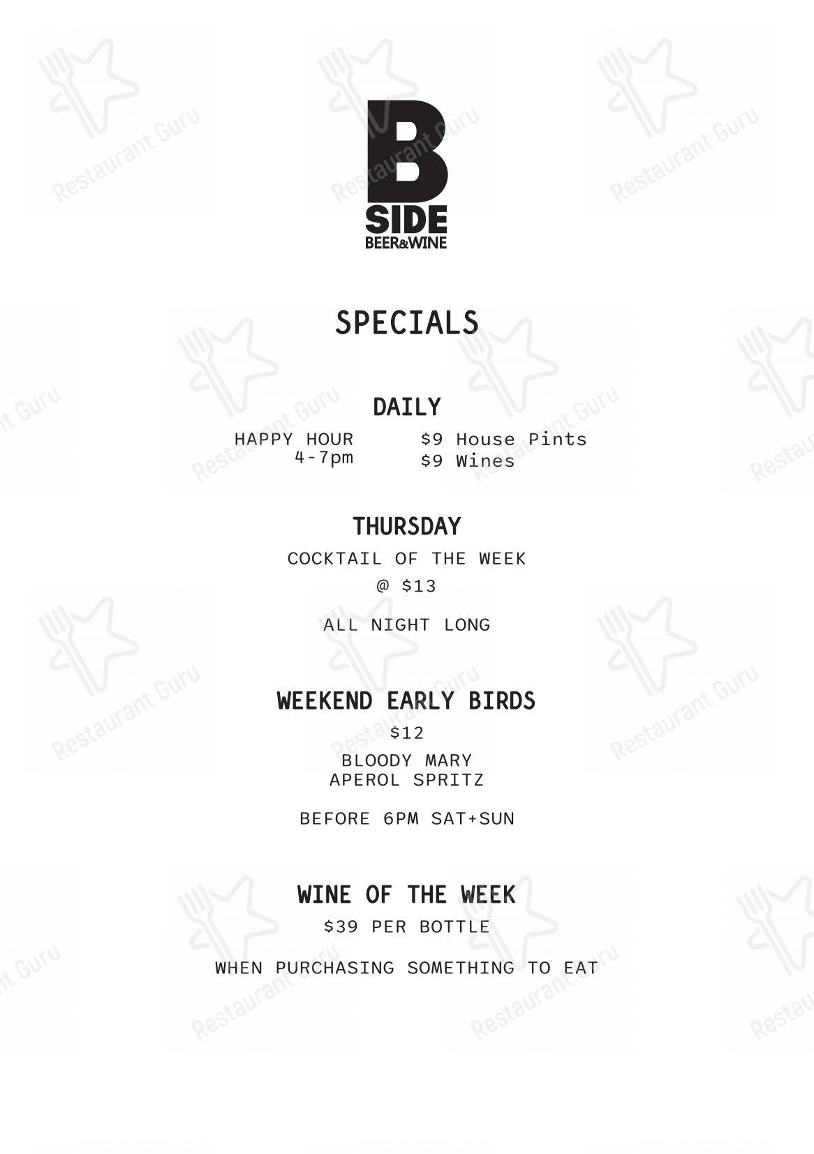 Menu at B Side Beer & Wine pub & bar, Glen Huntly