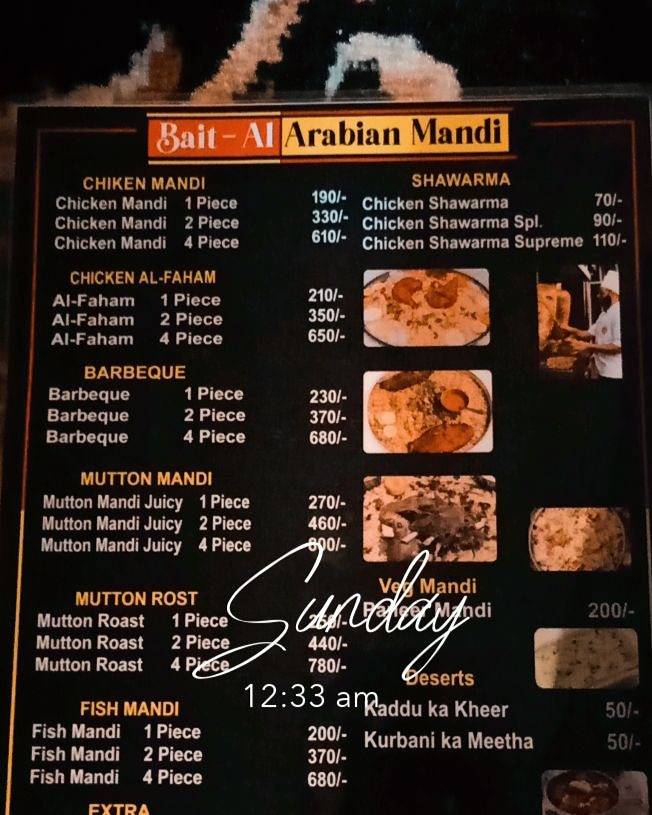 Menu at BAIT-AL ARABIAN MANDI, Hyderabad