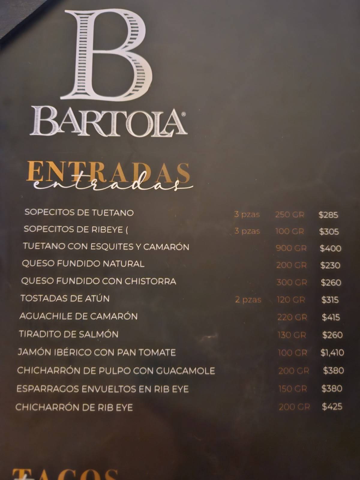 Carta de BARTOLA STEAK & GRILL REFORMA, Ciudad de México