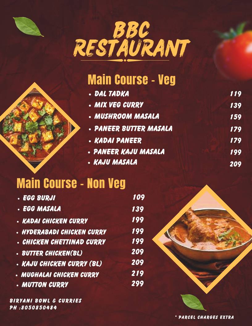 Menu at BBC Restaurant - Biryani Bowl & Curries, Bengaluru