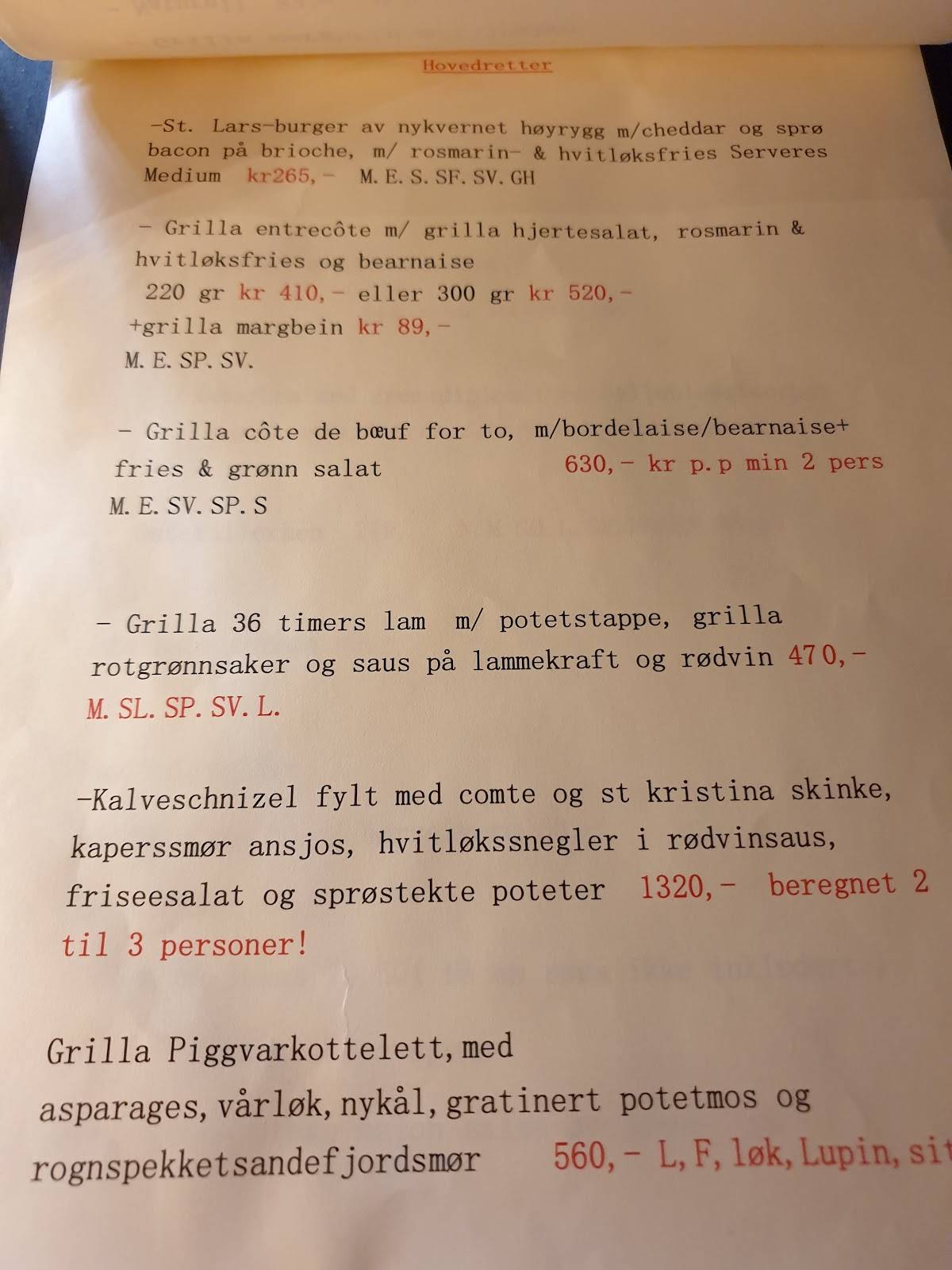 Menu at St. Lars restaurant, Oslo, Thereses gate 45