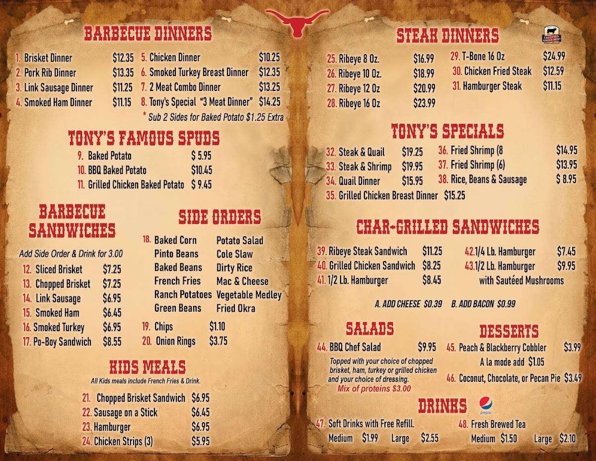 Menu at Tony's BBQ & Steakhouse, Baytown, N Hwy 146