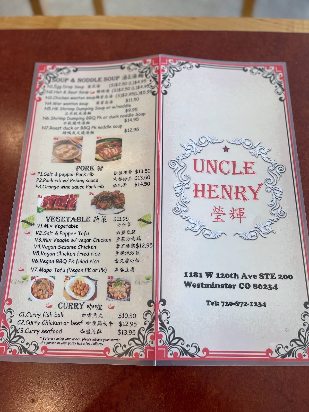 Menu at Uncle Henry restaurant, Westminster