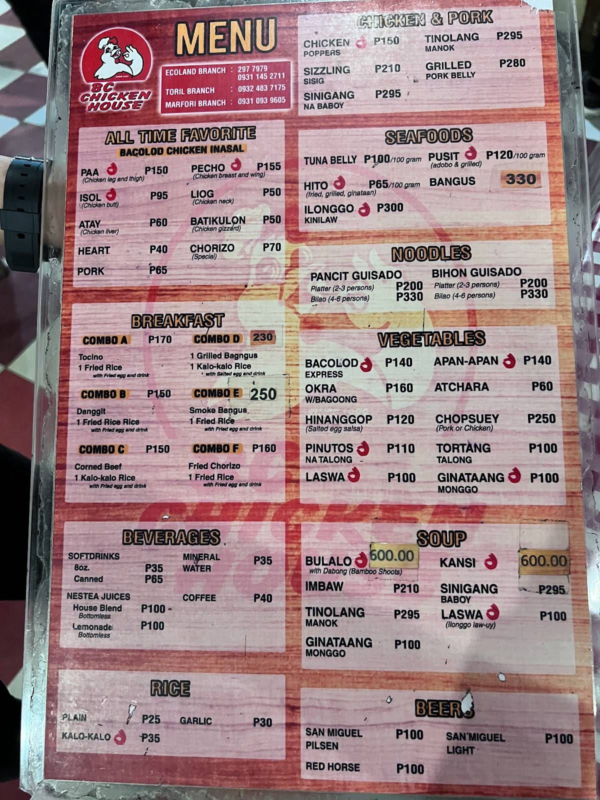 Menu at BC Chicken House restaurant, Davao City, Juna Subdivision