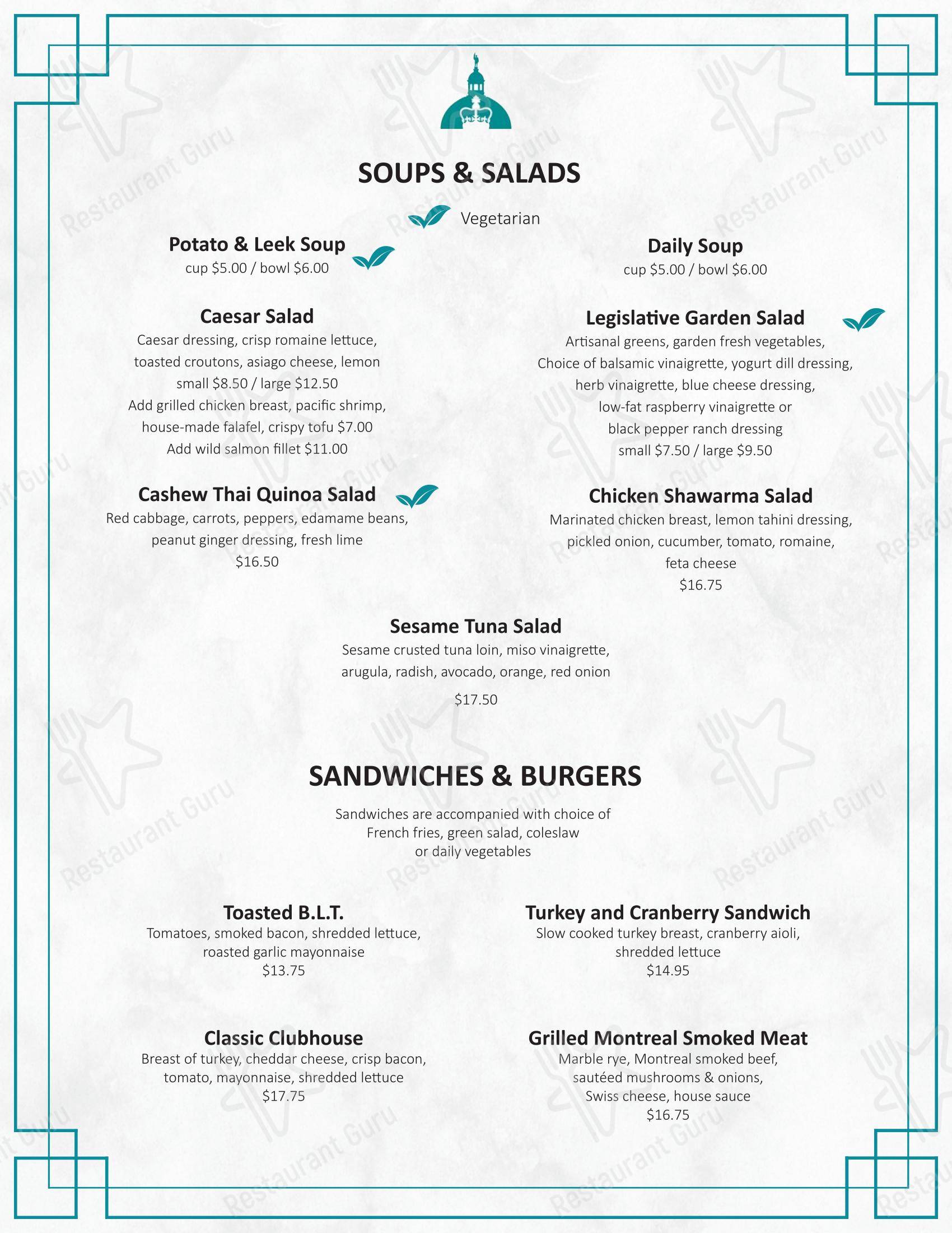 Menu at BC Legislative Dining Room restaurant, Victoria