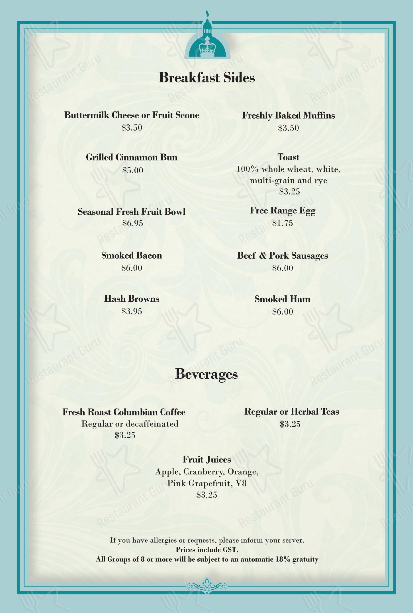 Menu at BC Legislative Dining Room restaurant, Victoria