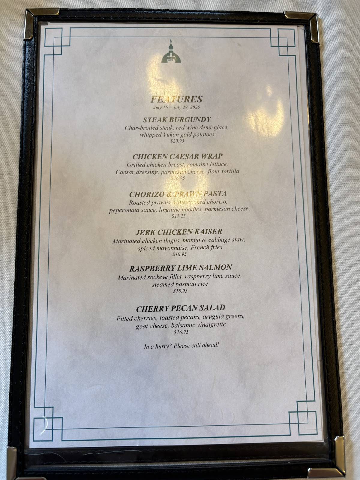 Menu at BC Legislative Dining Room restaurant, Victoria