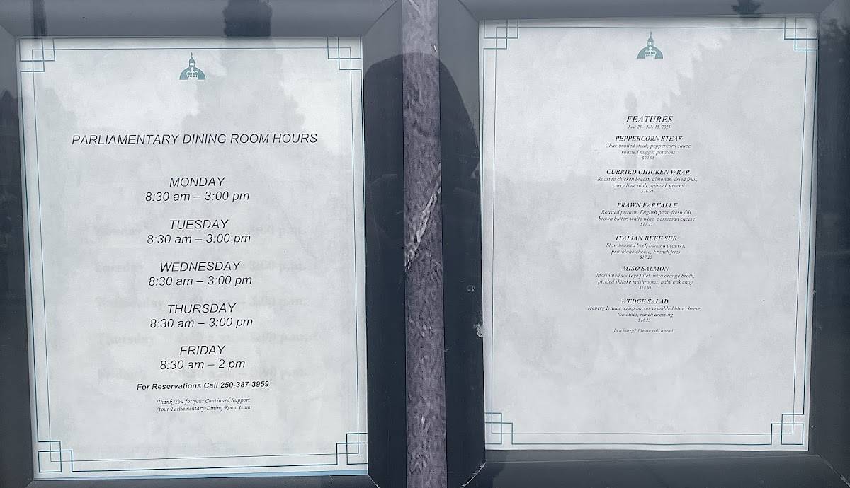 Menu at BC Legislative Dining Room restaurant, Victoria