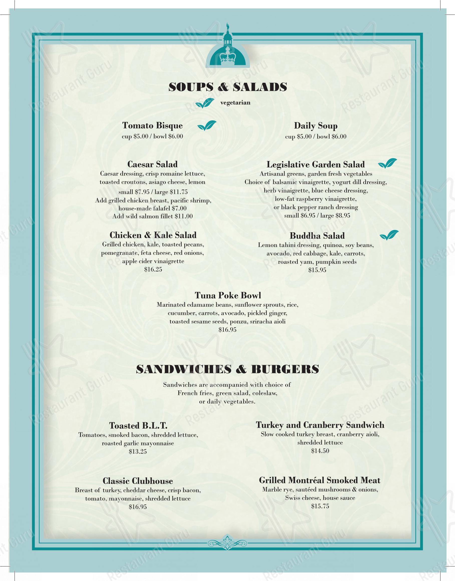 Menu at BC Legislative Dining Room restaurant, Victoria