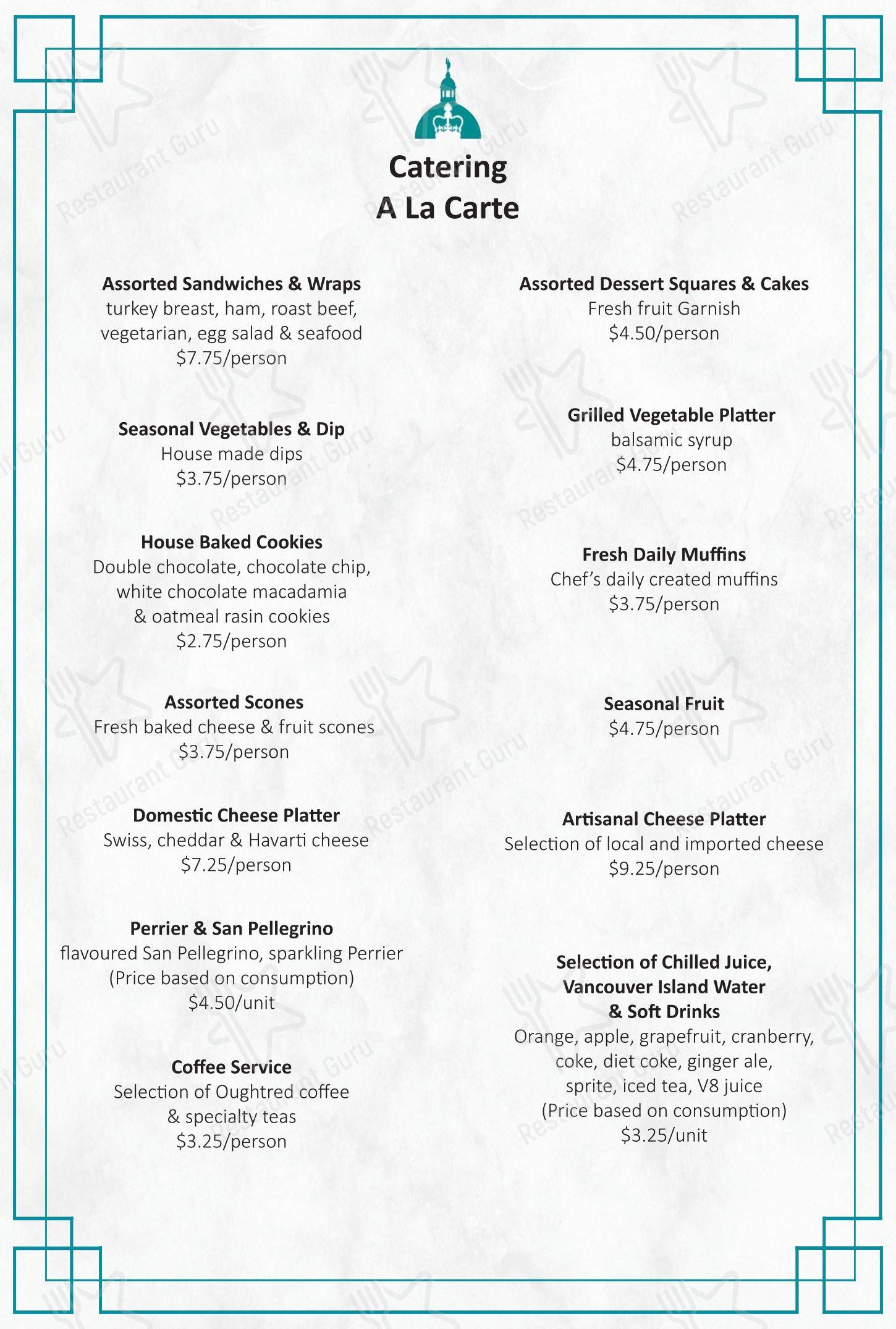 Menu at BC Legislative Dining Room restaurant, Victoria
