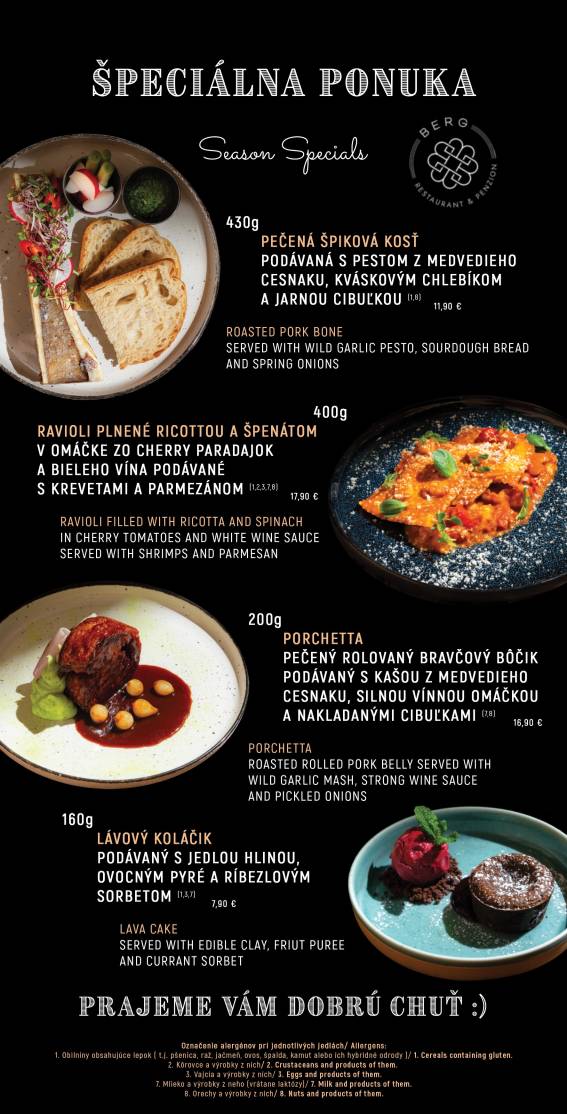 Menu at BERG restaurant, Bratislava
