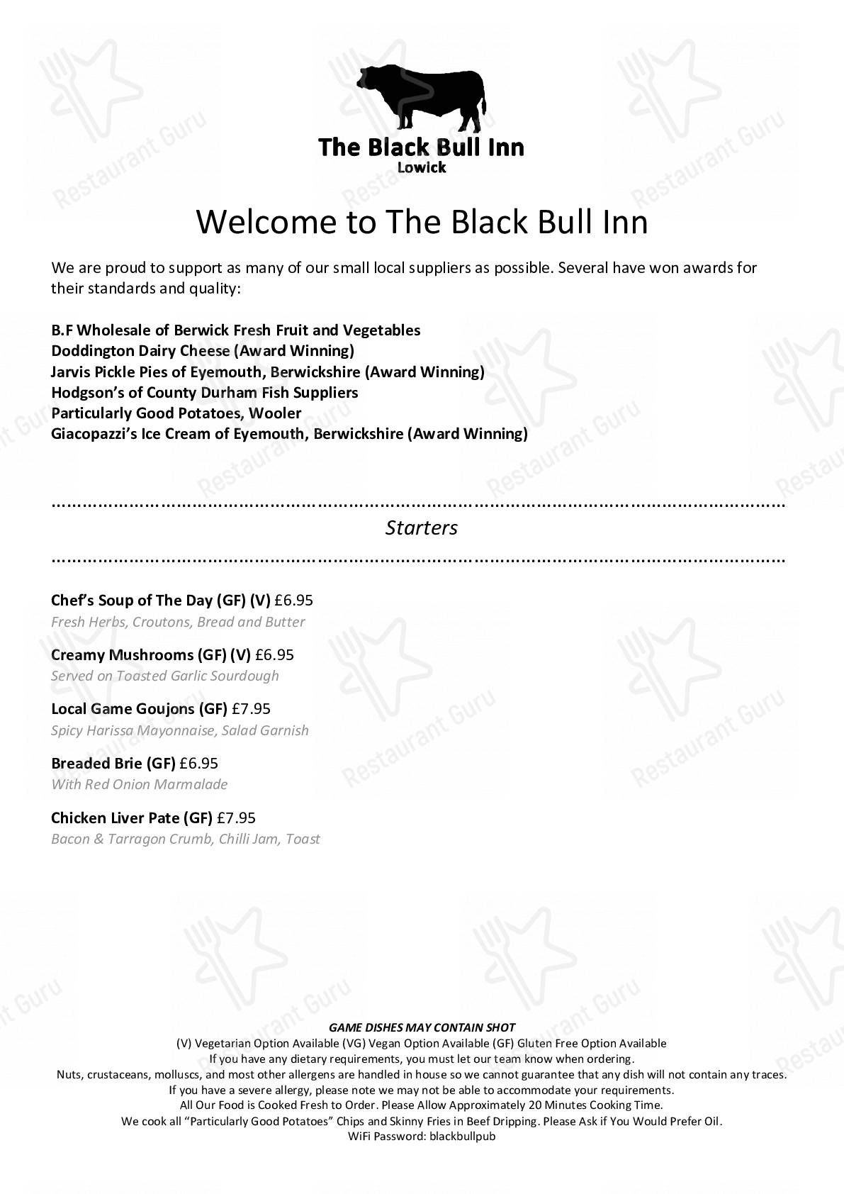 Menu at Black Bull Inn pub & bar, Great Smeaton, Great Smeaton