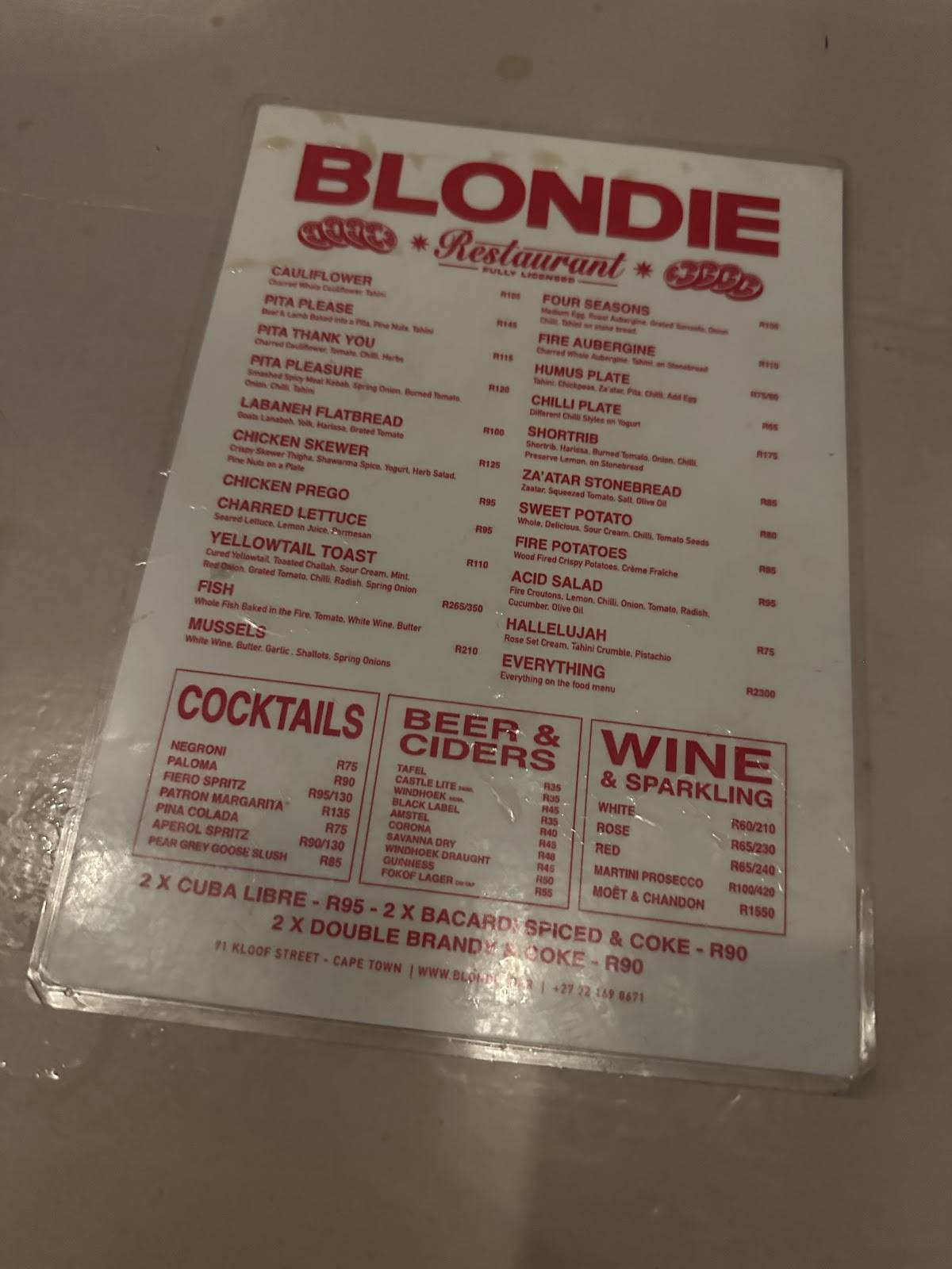 Menu at BLONDIE restaurant, Cape Town