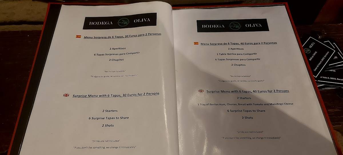 Menu at BODEGA OLIVA pub & bar, Barcelona