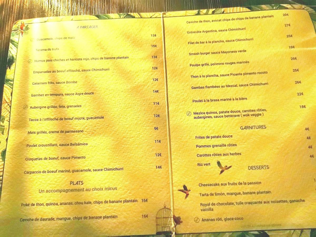 Menu au BOMBA restaurant, Paris