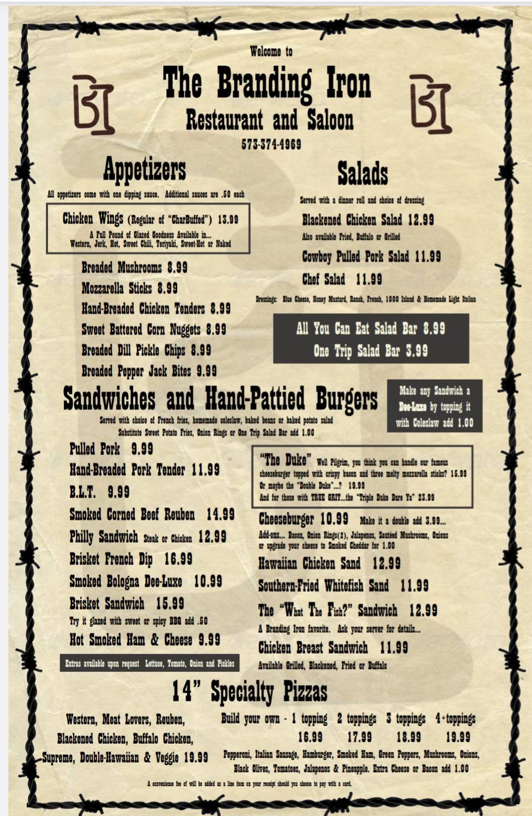 Menu at BRANDING IRON Restaurant and Saloon, Sunrise Beach