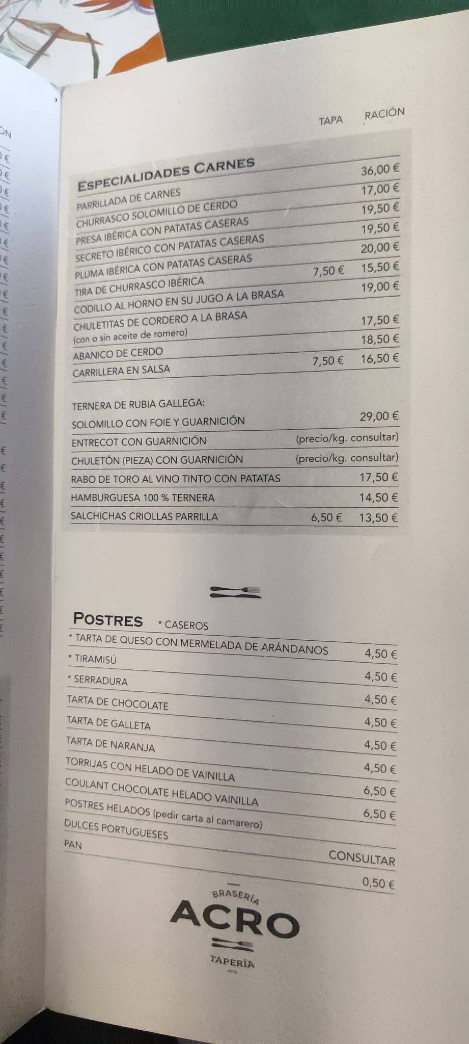 Carta del pub y bar Acro Brasería Tapería, Badajoz