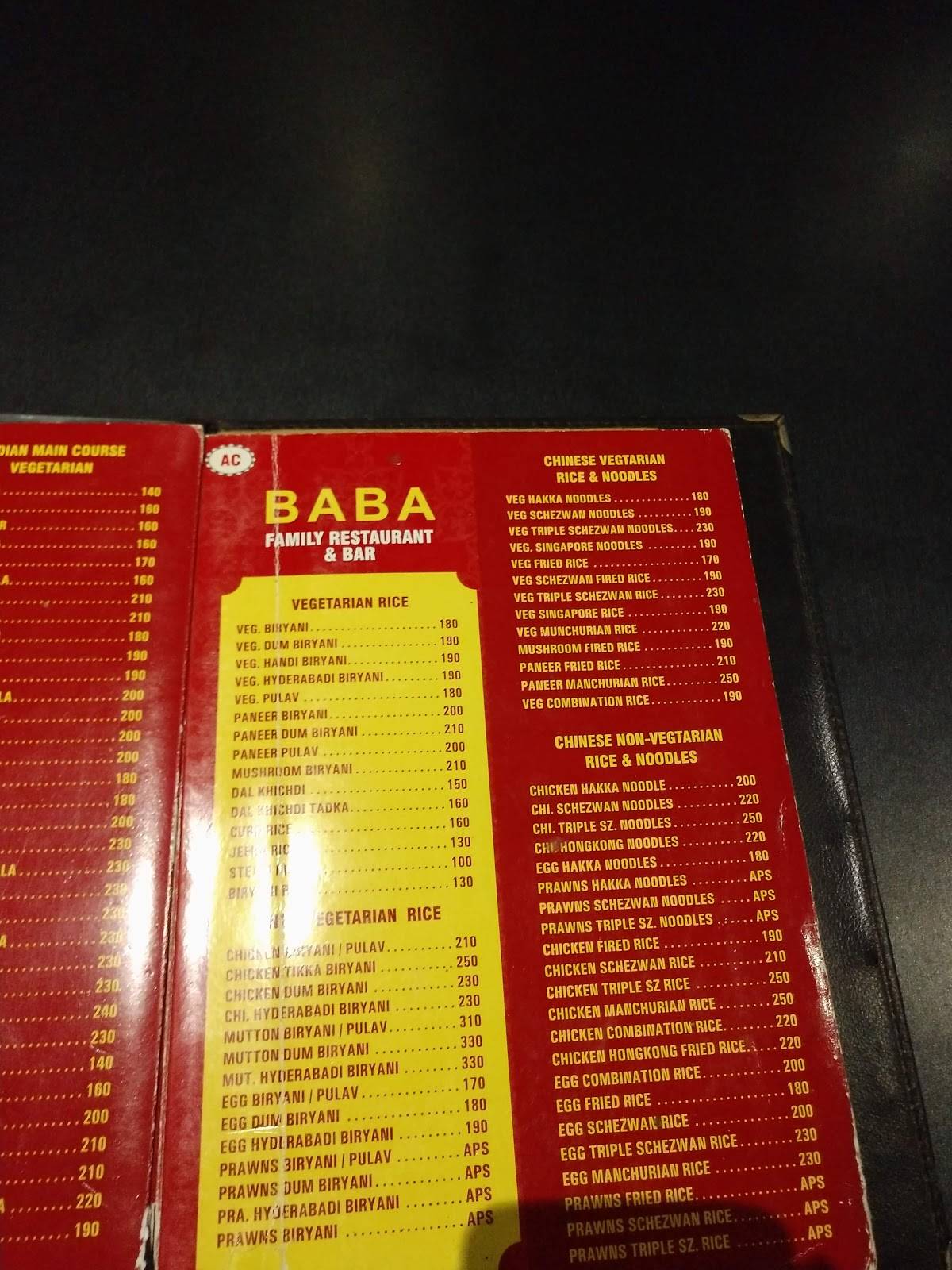 Menu at Baba Dining Bar, Mumbai