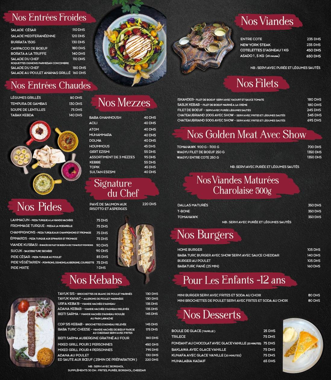 Menu at Baba Turc Marrakech restaurant, Marrakesh, L15/L17 M-Avenue
