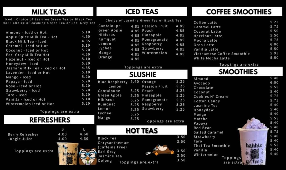 Menu at Babble Coffee & Boba Tea Bar, Oklahoma City