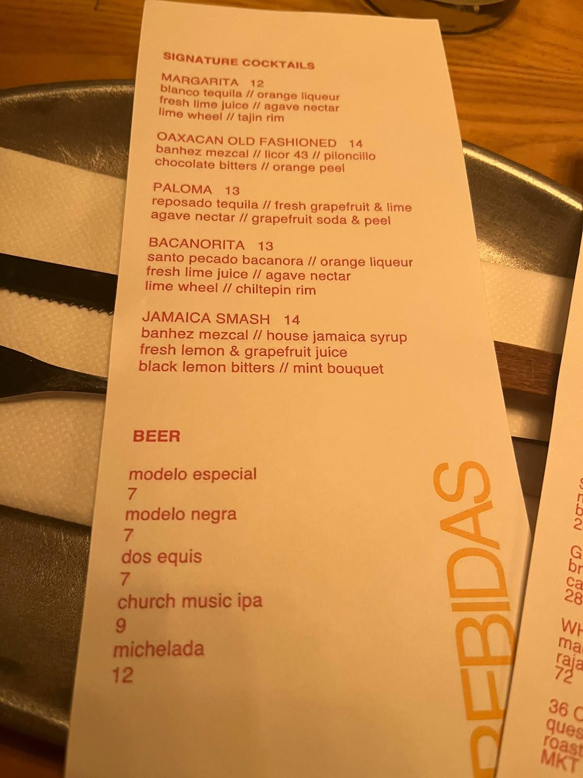 Menu at Bacanora PHX restaurant, Phoenix