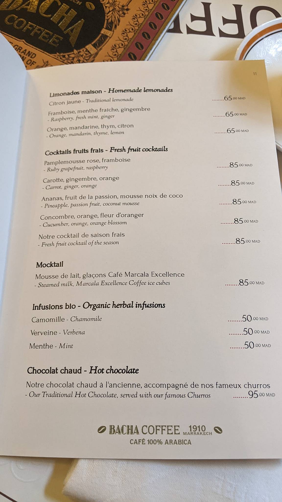 Menu au Bacha Coffee café, Marrakech