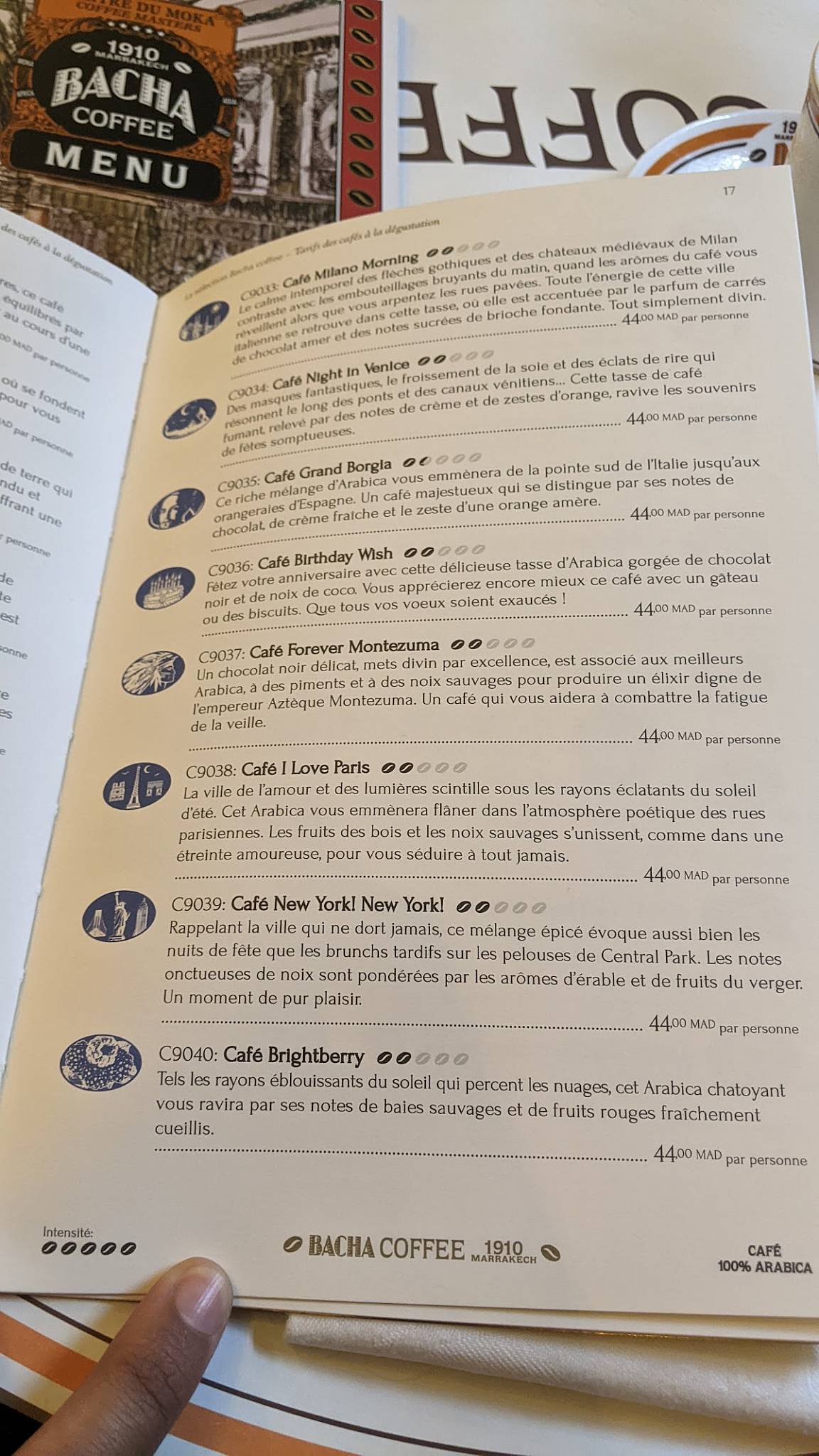 Menu at Bacha Coffee cafe, Marrakesh