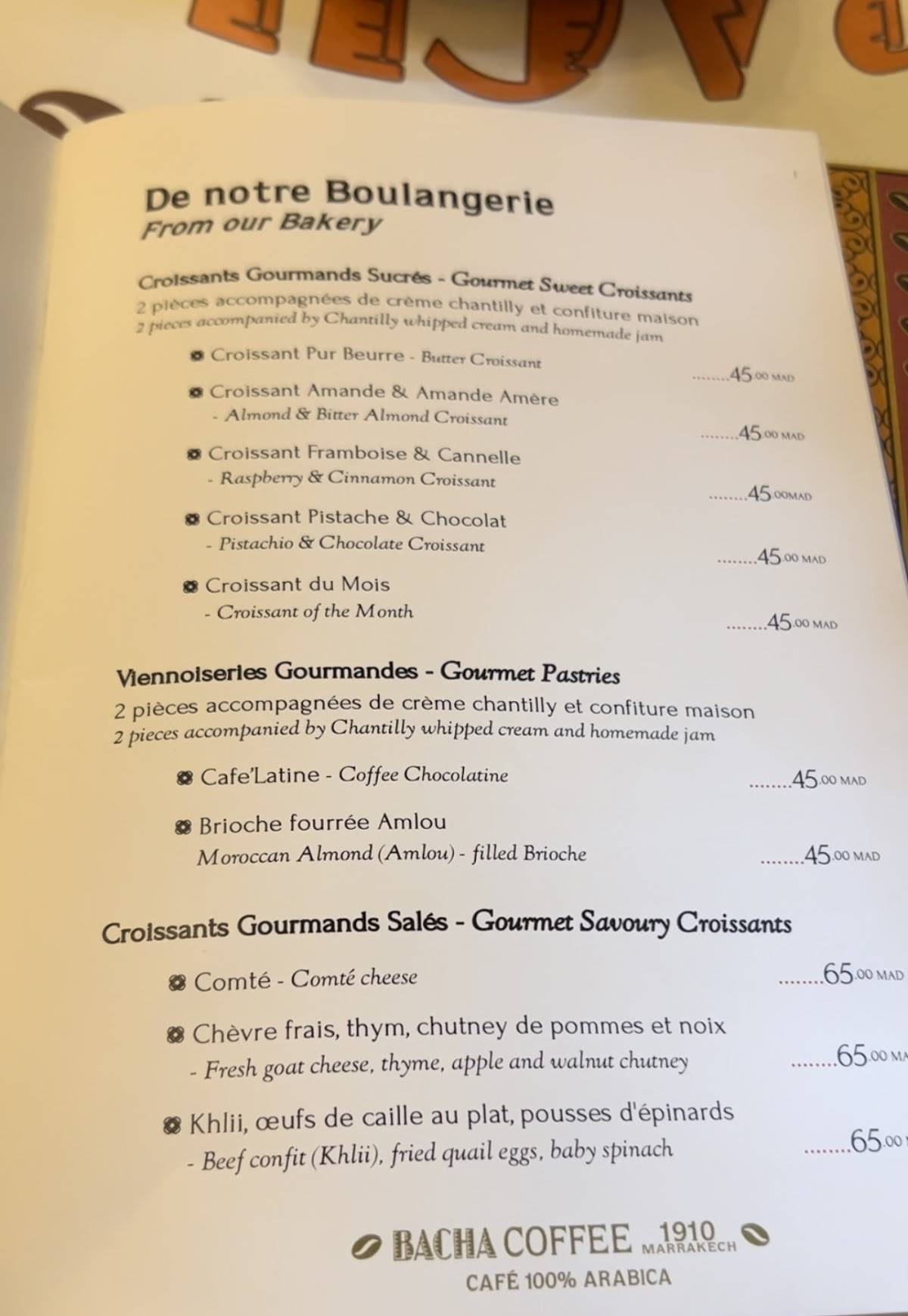 Menu at Bacha Coffee cafe, Marrakesh