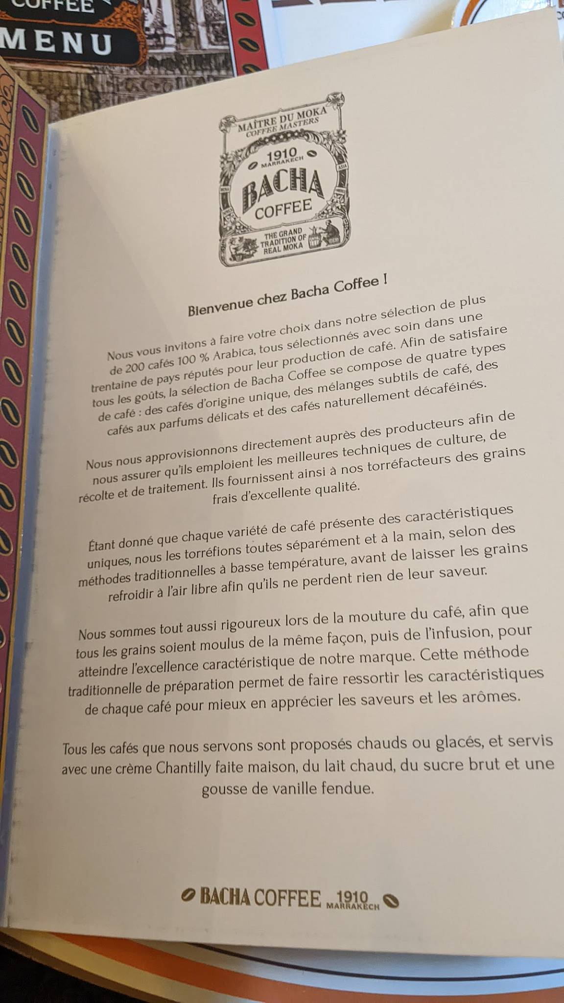 Menu at Bacha Coffee cafe, Marrakesh