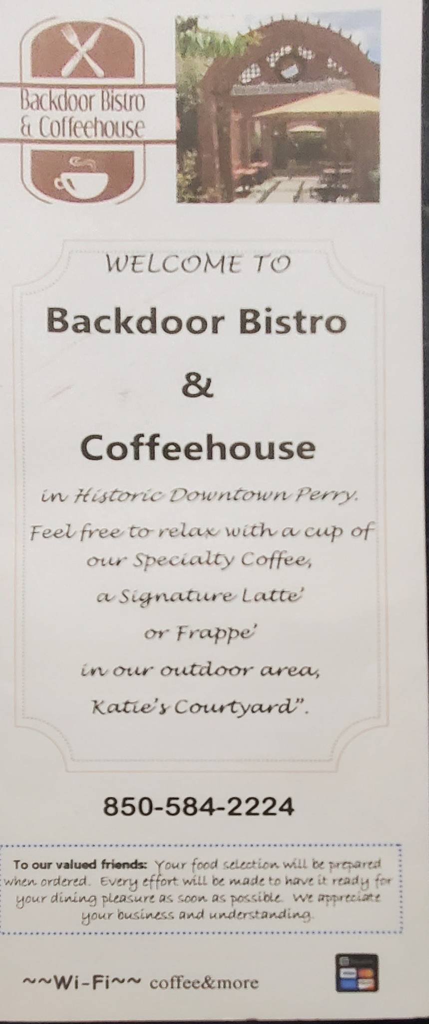 Menu at Backdoor Bistro & Coffeehouse of Perry cafe, Perry