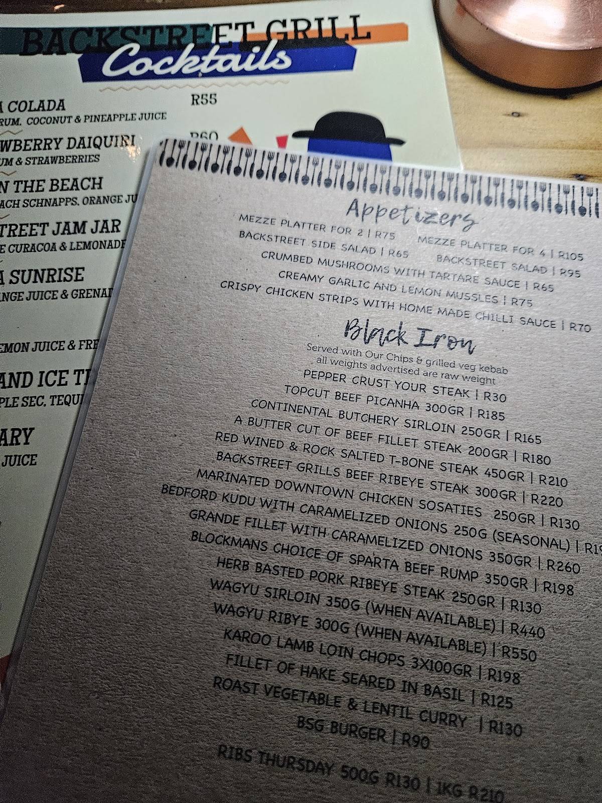 Menu at Backstreet Grill steakhouse, Port Elizabeth
