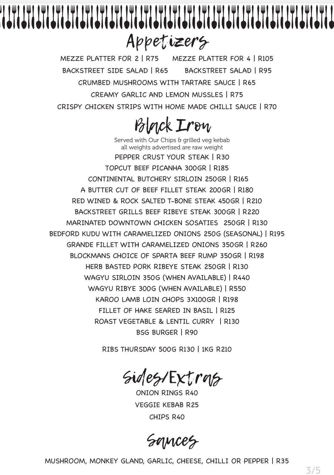 Menu at Backstreet Grill steakhouse, Port Elizabeth