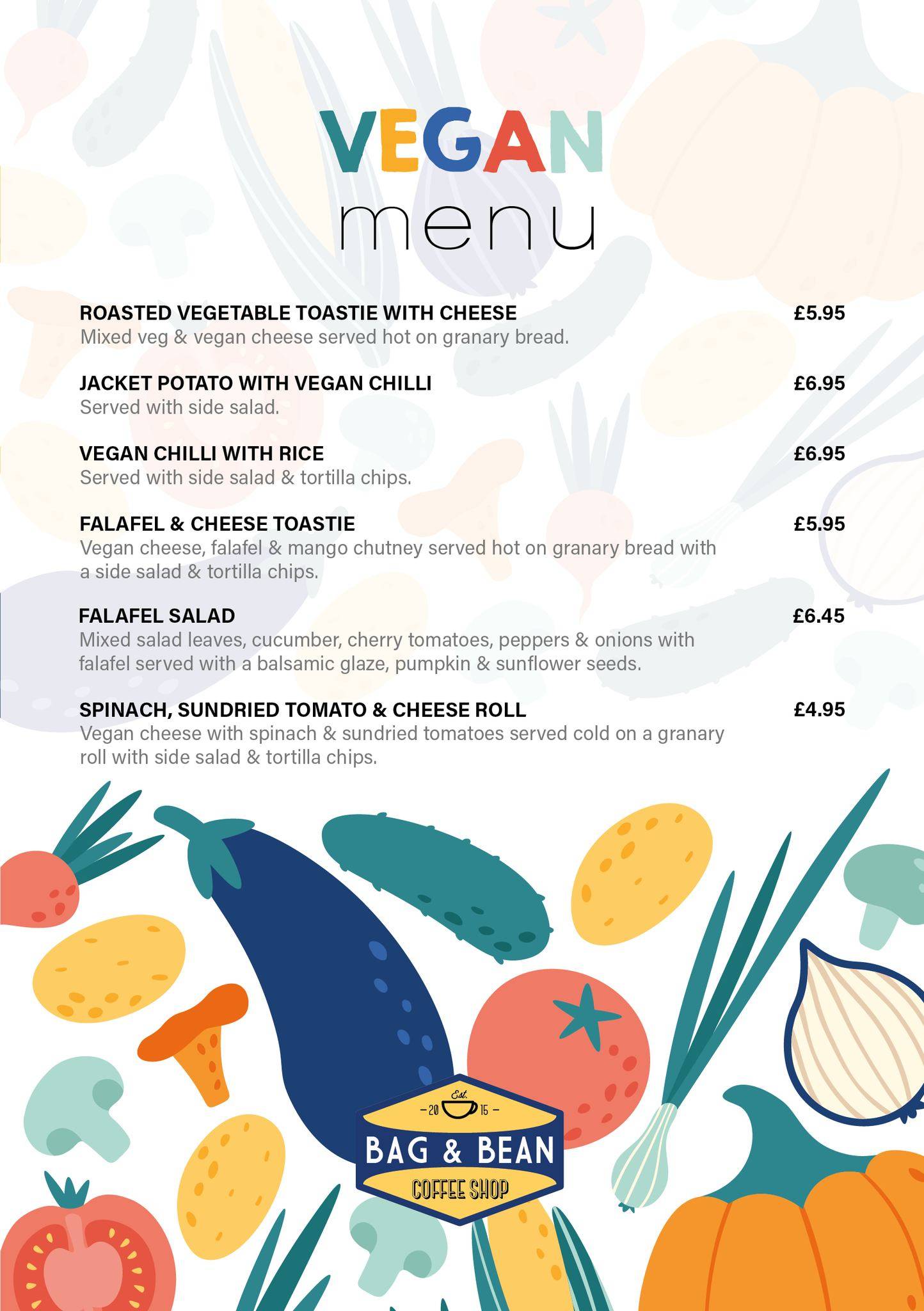 Menu at Bag and Bean cafe, Wigan