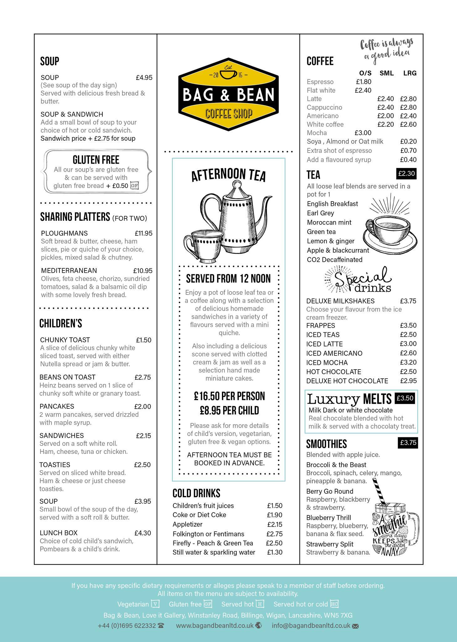 Menu at Bag and Bean cafe, Wigan