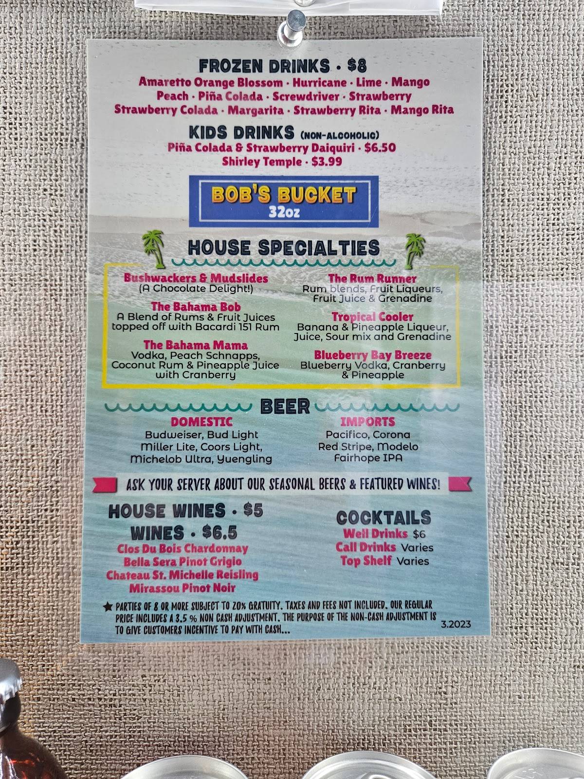 Menu at Bahama Bob's Beach Side Cafe, Gulf Shores